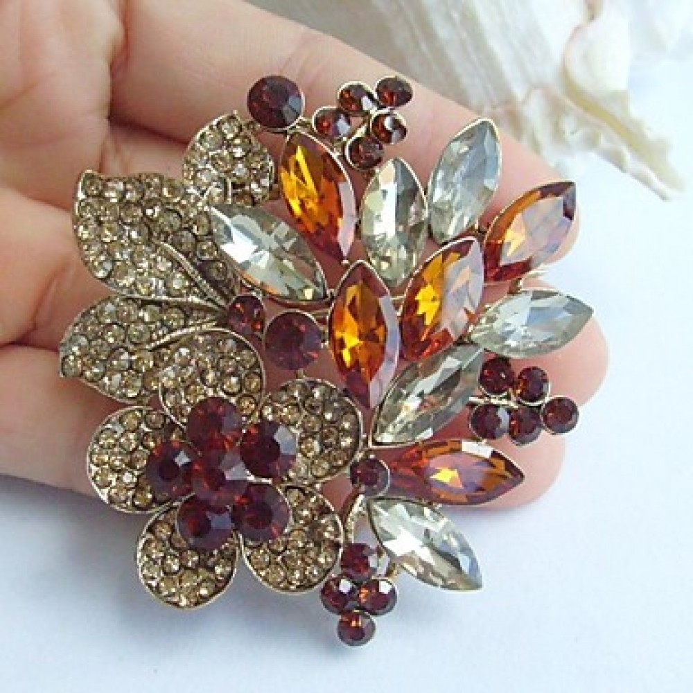 2.36 Inch Gold-tone Topaz Rhinestone Crystal Flower Brooch Pendant Art ...